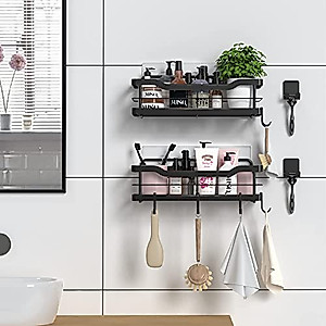 Carwiner Shower Caddy Bathroom Shelf 2-Pack, Basket with 8 Hooks for Hanging Shampoo Conditioner, Stainless Steel Rack Wall Mounted Storage Organizer for Kitchen, No Drilling (Black)