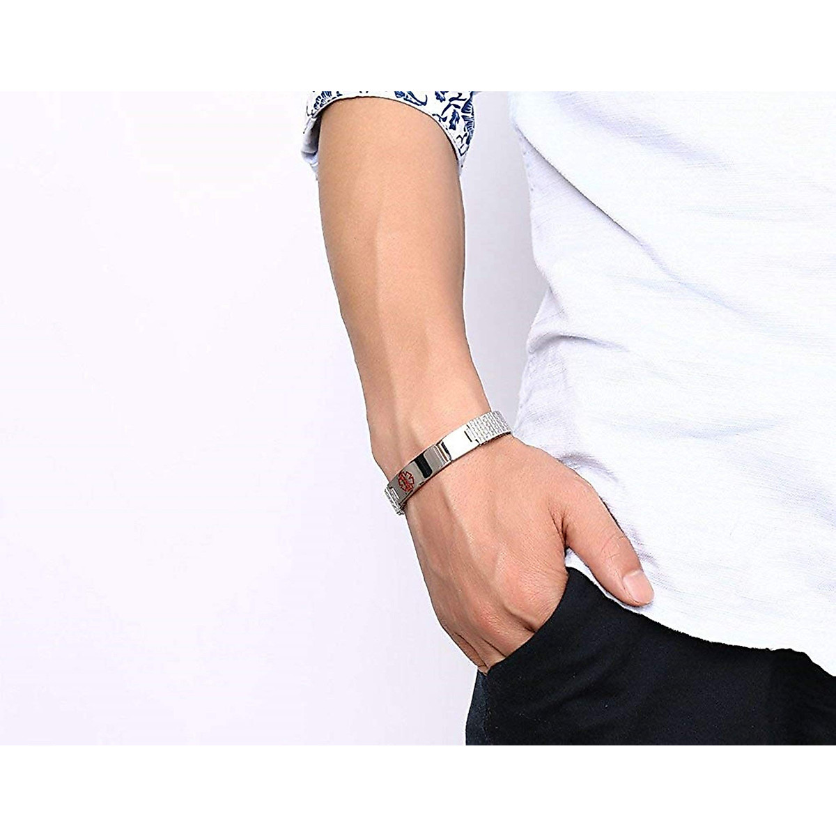 MoAndy Free Engraving Mens Womens Stainless Steel Medical Alert ID Stretch Allergy Bracelet Do Not Resuscitate(DNR) Silver 6.65 Inches