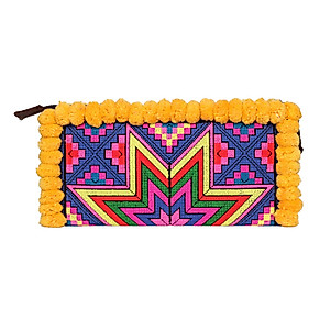 Yellow Pom Pom Clutch Bag with Embroidered Hmong Tribes Star Pattern