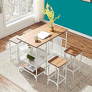 O&K FURNITURE Small 5-Piece Dining Room Bar Table Set, Modern Industrial Bistro Restaurant Dining Table and Stool Set, Home Kitchen Furniture, Oak Finish