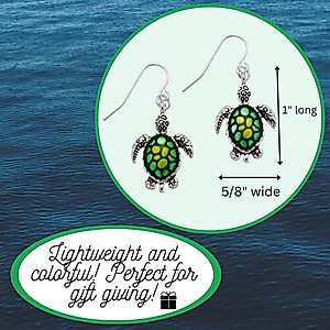 PammyJ Turtle Earrings - Silvertone Green Sea Turtle Dangle Earrings