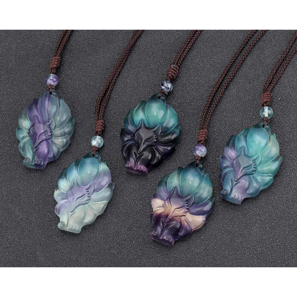 Jovivi Natural Fluorite Nine-Tailed Fox Crystal Necklace Healing Stones Gemstone Necklaces Pendant Protection Amulet Charm