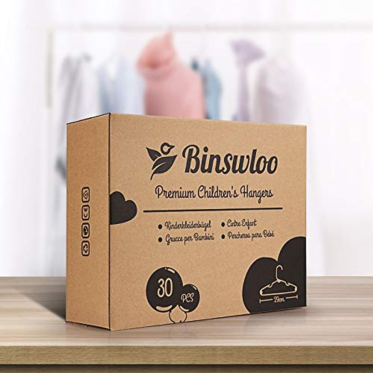 Binswloo Children's Clothes Hangers, Plastic Heavy Duty Kids Hangers Baby Nursery Hangers Tubular Hangers, 11.4 Inch, Pack of 30, White