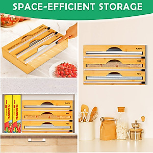 3-in-1 Bamboo Plastic Wrap Dispenser with Cutter, Foil and Plastic Wrap Organizer, Aluminum foil Organization and Storage, Aluminum Foil, Cling Film, Parchment Paper, Foil Organizer for Drawer