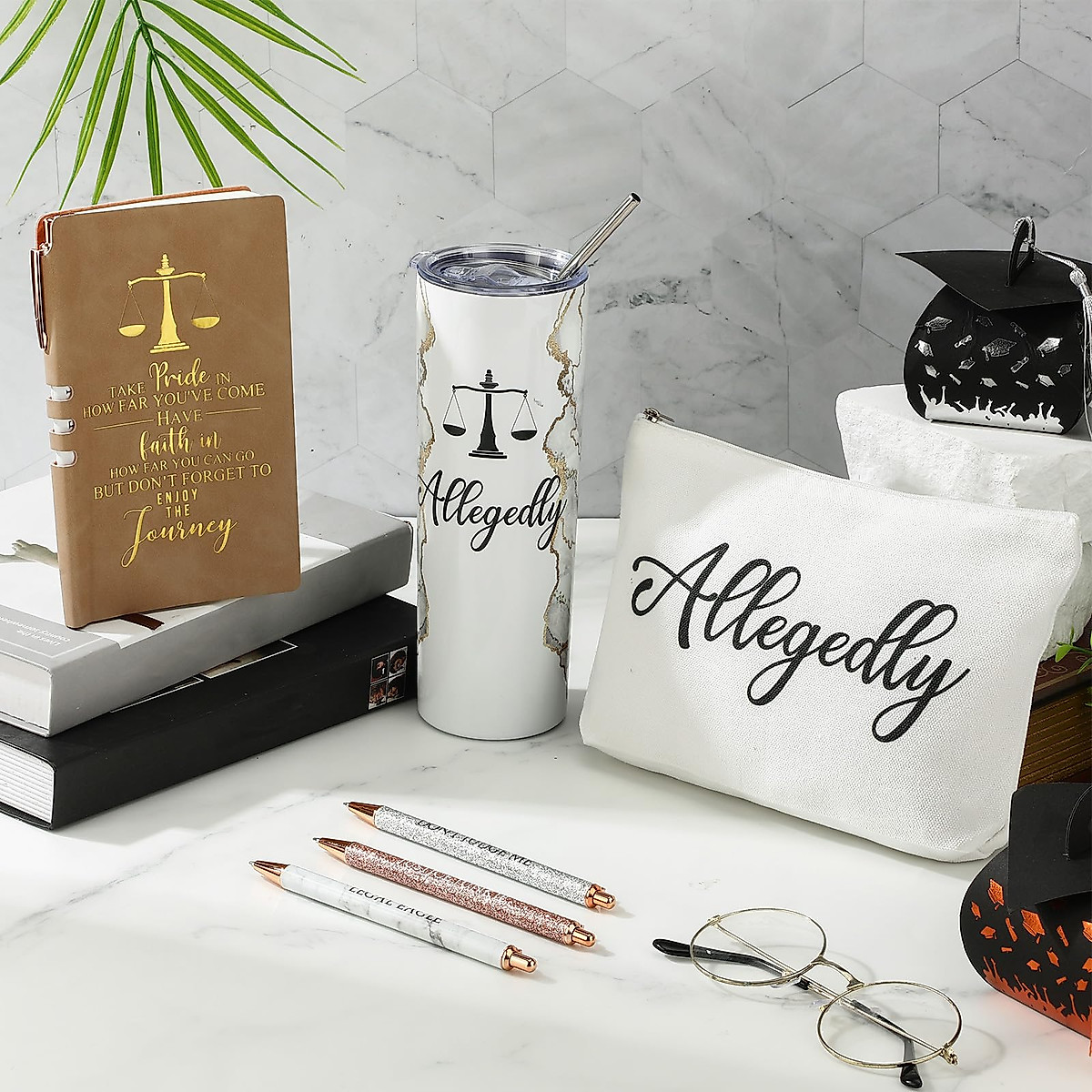 Domensi 6 Pcs Funny Allegedly Lawyer Gifts Judge Gift Lawyer Appreciation Day Gift 20 oz Marble Sign Tumbler Makeup Bag Notepad Ballpoints for Law Paralegal School College Teacher(White)