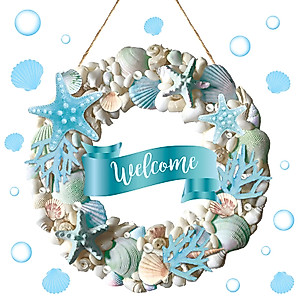 Wesiti Welcome Wooden Coastal Beach Wreath Coastal Wreath for Front Door Welcome Starfish and Seashells Wooden Door Sign Blue Shell and Starfish Beach Door Decorations for Porch Outdoor Front Door