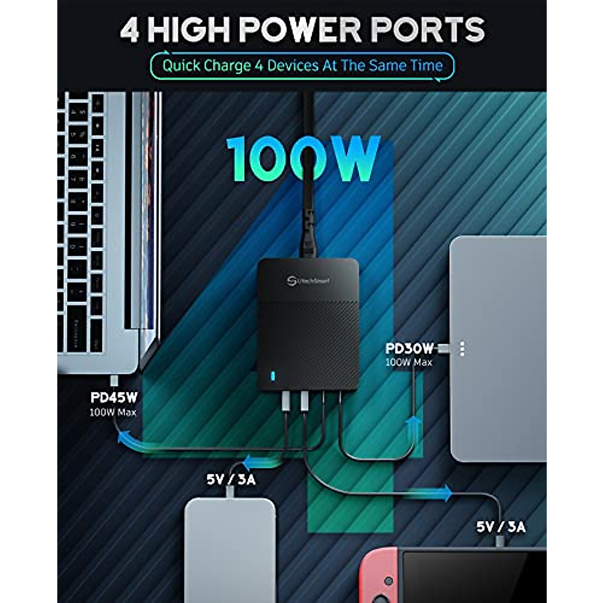 USB C Charger, UtechSmart 100W 4-Port Desktop Type C Charging Station, Portable USB C PD Power Charger Adapter -2 USB C&2 QC 3.0 USB A Ports for MacBook Pro/Air, iPad, iPhone, Galaxy, Laptop and More