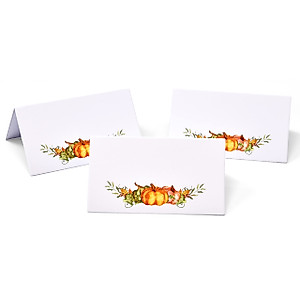 100 Pack Thanksgiving Place Cards with Pumpkins and Fall Leaves Seating Harvest Name Card Table Setting Folded Paper Autumn Tent Cards for Dinner Wedding Tables Placement Party Decorations 2" x 3.5"