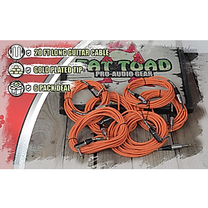 Fat Toad Guitar Cables (6 Pack) Right Angled Instrument Cord 20FT 1/4 Quarter Inch Straight-End 20 GA Wires