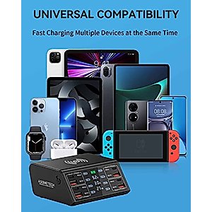 USB Charger, ASOMETECH 100W 8 Port Multiple USB Charging Station with 4 Quick Charge 3.0, 4 USB C PD Port, Wireless Charger, LCD Display Fast USB Charging Hub for iPhone 13 12 iPad Samsung and More
