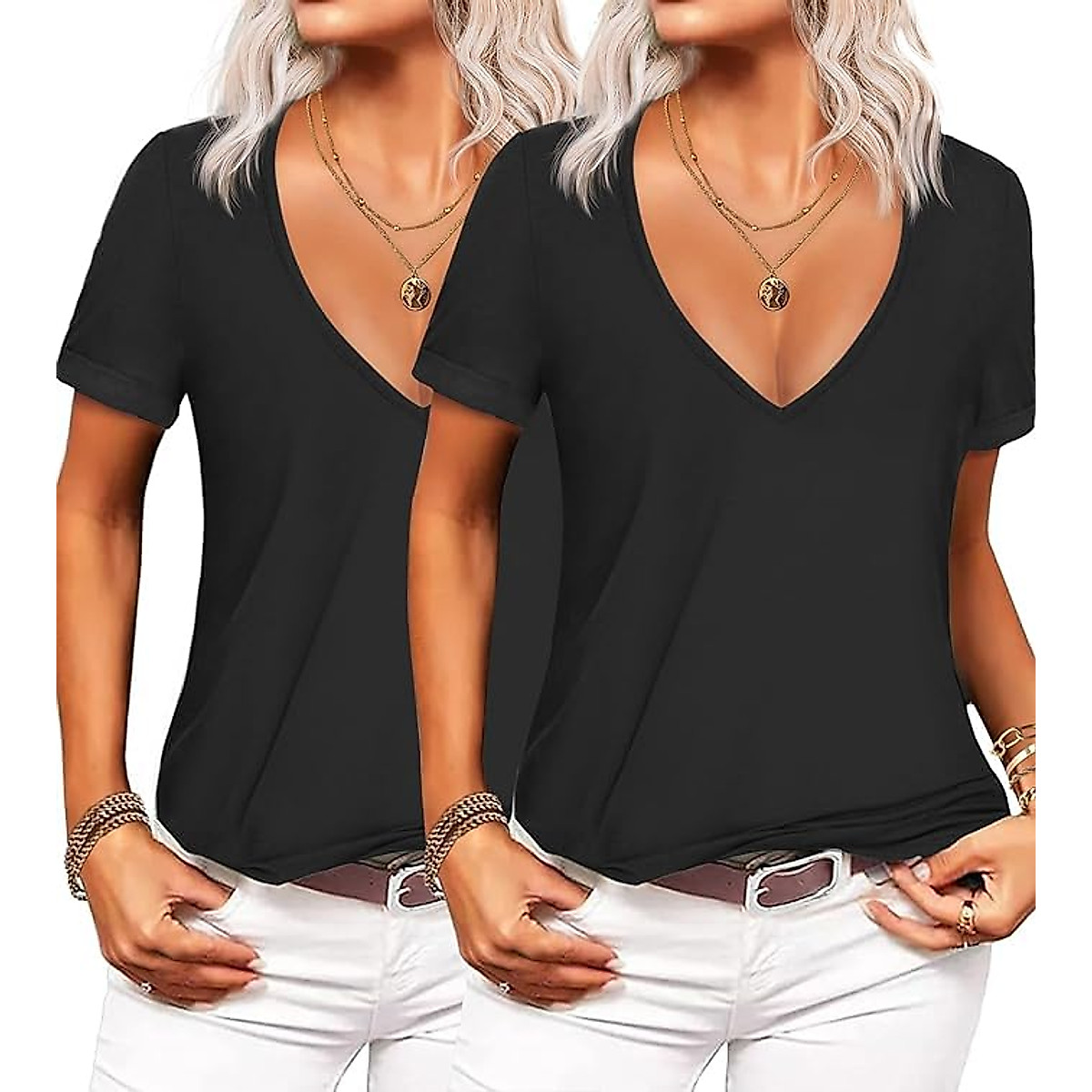 Beyove Womens Low Cut Tops Deep V Neck Plunging Tee T Shirts, Pack of 2 Black Black