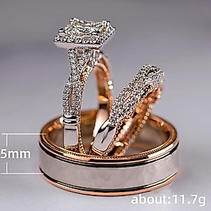 Engagement rings for couples set,3 pc His and Her Wedding Ring Set, Hypoallergenic Rose Gold Ring Set, Cubic Zirconia Bride Promise Rings Set,size 6-10 (8)