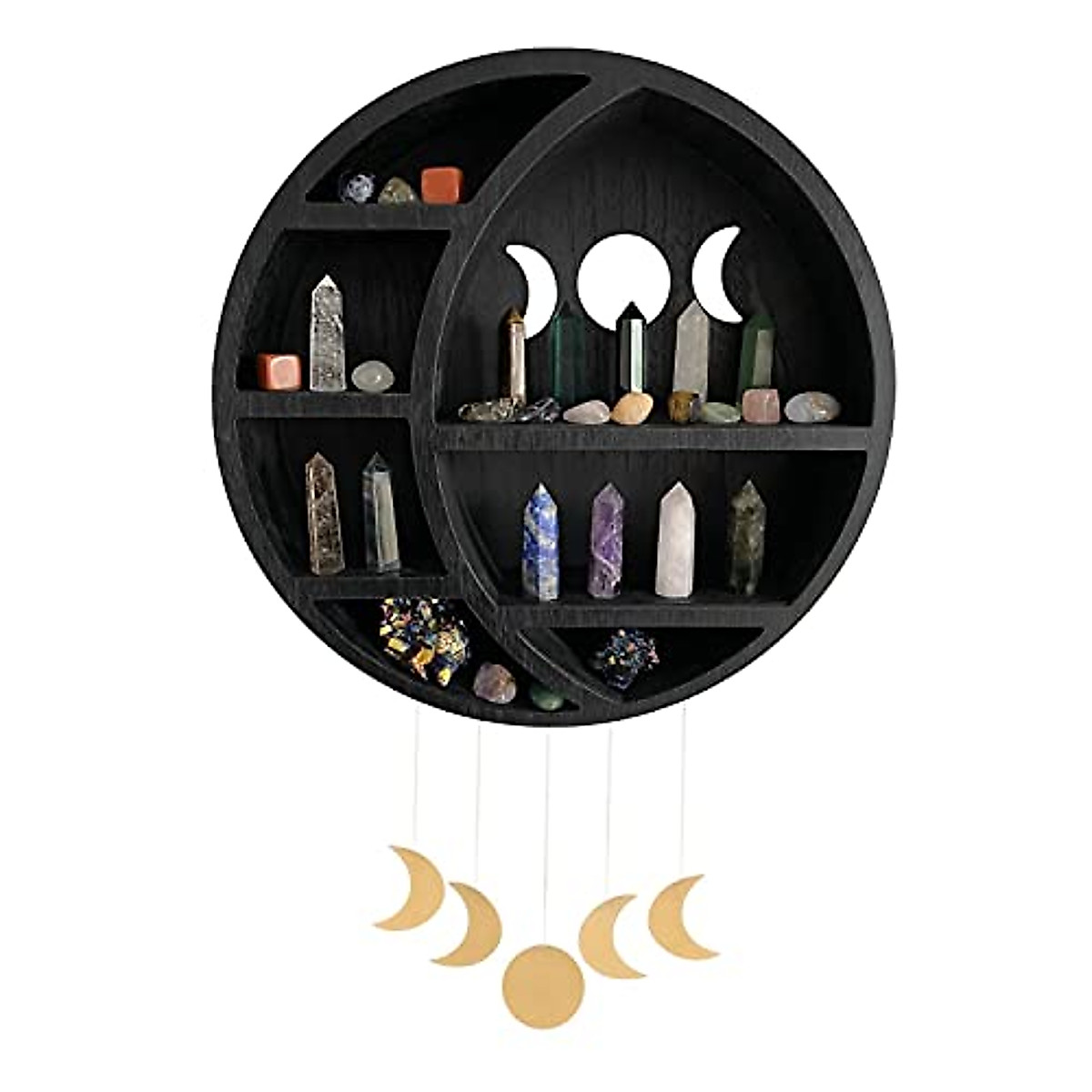 Ella & Emma Wooden Moon Shelf for Crystals - Crescent Moon Crystal Shelf, Crystal Storage & Wall Hanging Shelves for Bedroom Aesthetic, Moon Phase Wall Decor & Crystal Display Shelf, Pinewood, Black