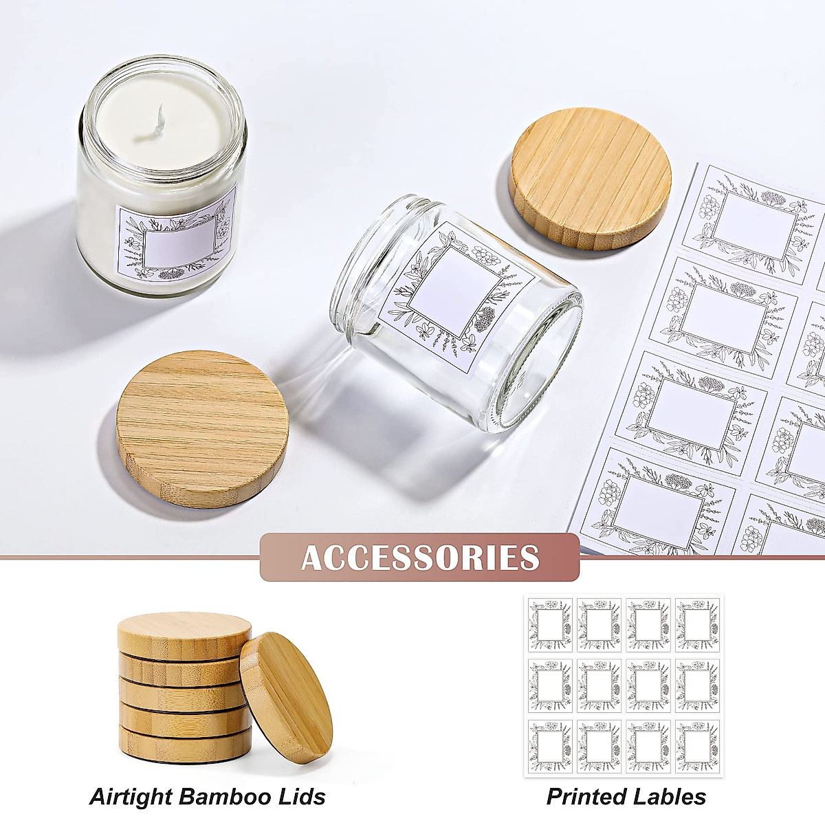 VITEVER 12 Pack, 8 OZ Thick Glass Jars with Bamboo Lids, Bulk Clear Round for Making Candles, Empty Food Storage Containers for Spice, Powder, Liquid