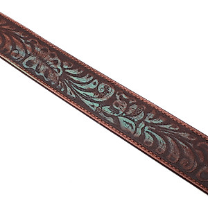 Distress Embossed Brown and Teal Leather Belt with Rhinestone Ring Buckle (M)