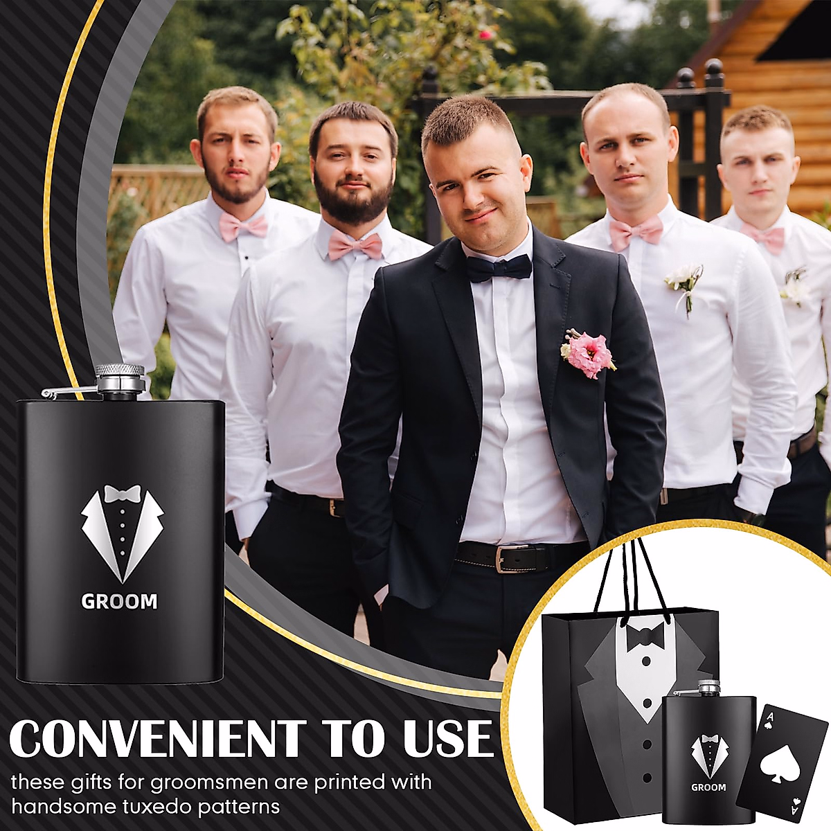 32 Pcs Groomsmen Gifts Set 8 Groomsmen Gift Proposal Bags 8 oz Stainless Steel Tuxedo Hip Flask 8 Groomsmen Gauge Glasses with 8 Poker Card Beer Bottle Opener Cap for Wedding Bachelor Party Favors