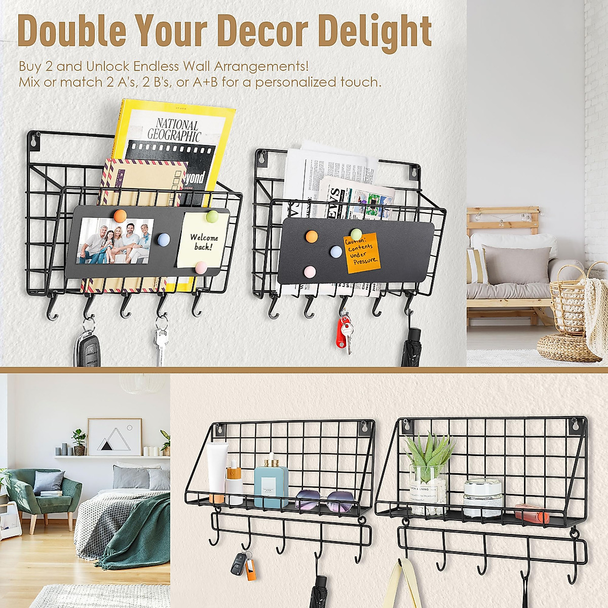 Baeymonkay Easy Installation Key Holder Wall Mount, Mail Organizer Mail Holder for Wall with 5 Hooks, Iron Key Hooks for Entryway Decor, Key Hanger, Key Rack, Matte Black（Single Mail）