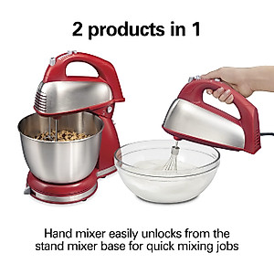 Hamilton Beach Classic Stand and Hand Mixer, 4 Quarts, 6 Speeds with QuickBurst, Bowl Rest, 290 Watts Peak Power, Red (64654)