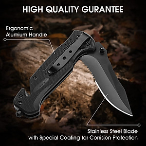 WONGSAM Pocket Knife for Men, Folding Knife with Glass Breaker, Seatbelt Cutter and Belt Clip, Black Survival Knife for Camping, Hiking, Fishing, Survival, Knives for Men