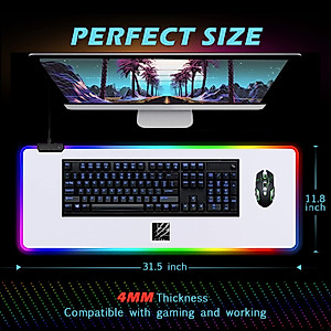 RGB Mouse Pad, Large Led Gaming Mouse Mat with 14 Lighting Modes, Smooth Waterproof Surface, Non-Slip Rubber Base, Computer Keyboard Mousepad (31.5 x 11.8 x 0.2 Inch, White)