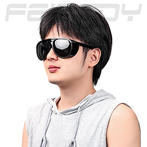FEISEDY Polarized Aviator Sunglasses Men Women Oversized Round Steampunk Sunglasses Side Shield Goggles B0095