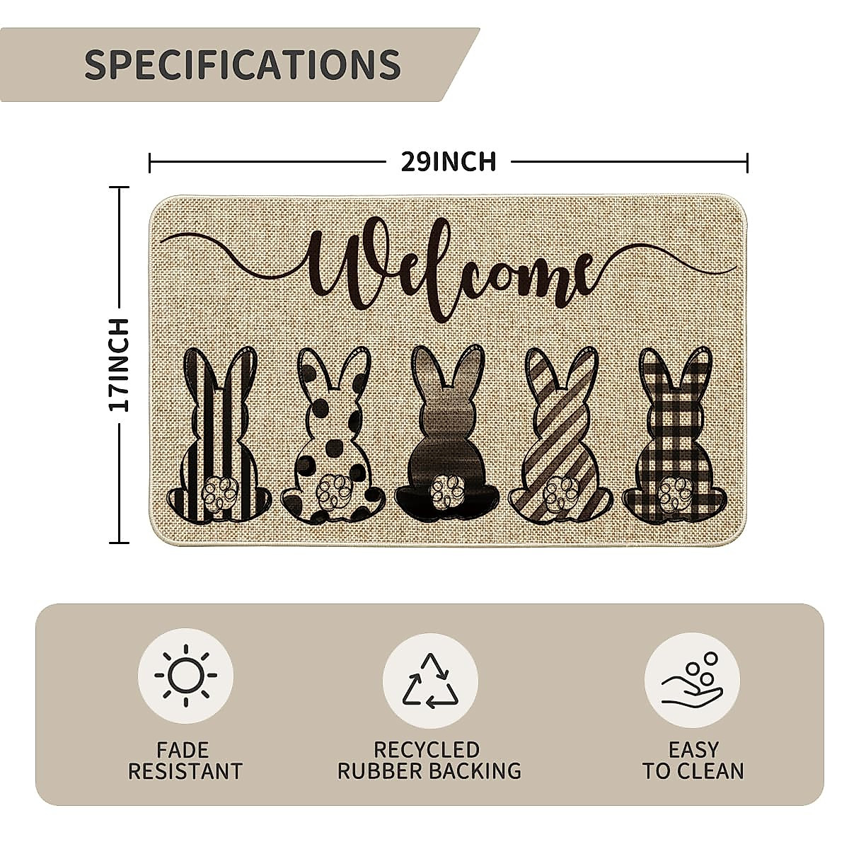 Artoid Mode Cute Bunny Sketch Buffalo Plaid Stripes Dot Welcome Easter Doormat, Seasonal Spring Summer Holiday Low-Profile Yard Floor Switch Mat for Indoor Outdoor 17 x 29 Inch
