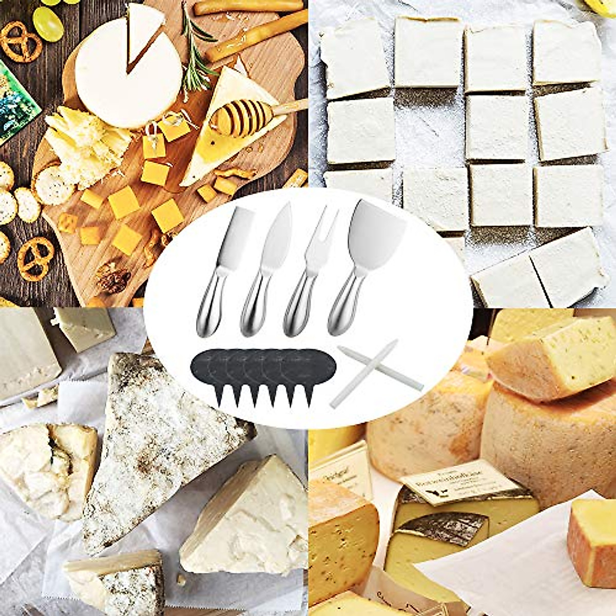 Set of 12, Stainless Steel Cheese Slicers with Cheese Markers and Soapstone Chalks, findTop 4 Pieces Cheese Slicer Cheese Cutter, 6 Pieces Natural Slate Cheese Labels, 2 Pieces Soapstone Chalks