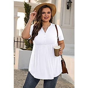 SHIJIALI Women's Plus Size Henley Shirts V Neck Button Tunic Tops Casual Short Sleeve Swing Flowy Blouse White-XX-Large