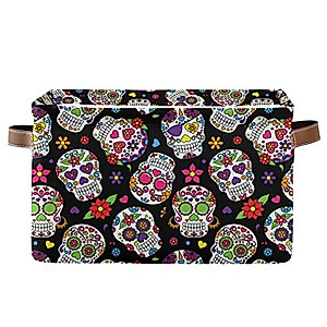 AGONA Large Foldable Storage Bin Colorful Dead Sugar Skull Storage Bins Collapsible Decorative Fabric Storage Baskets with Leather Handles for Home Closet Bedroom Organizer Nursery 1 Pack