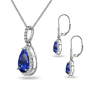 B. BRILLIANT Sterling Silver Created Blue Sapphire & White Topaz Teardrop Dangling Necklace & Leverback Drop Dangle Earrings Jewelry Set for Women with Gift Box