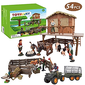 Toymany 54PCS Big Farm Animals Figurines Toy with Barn House Motorcycle Fence - Farm Tractor Figures Set with Farmers Pigs Foods, Educational Toys Christmas Birthday Gift or Kids Toddlers