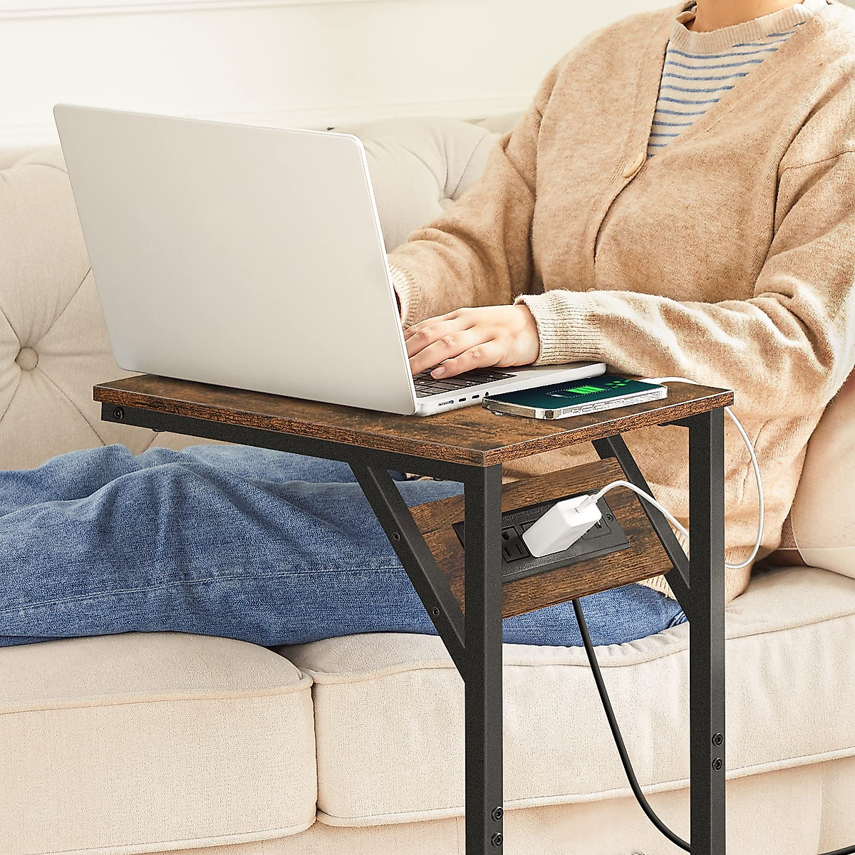 MAHANCRIS C Shaped End Table with Charging Station, Sofa Table with USB Ports and Outlets for Small Spaces, Small Side Table for Living Room, Bedroom, C Couch Table, Rustic Brown ETHR06E01