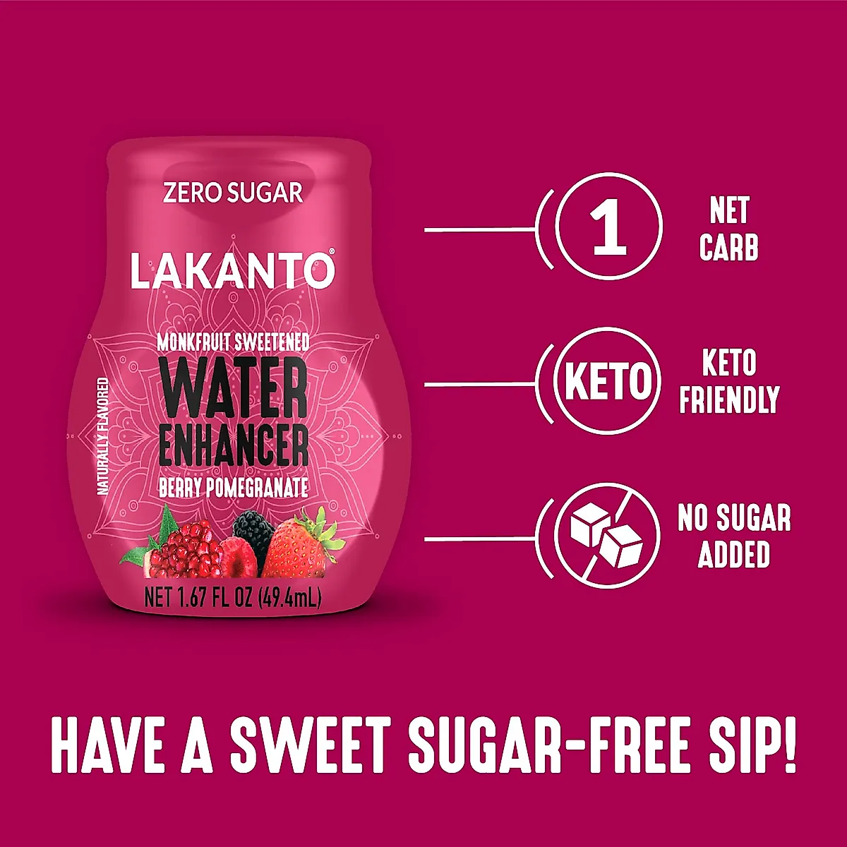 Lakanto Sugar Free Water Enhancer - Sweetened with Monk Fruit Sweetener and Erythritol, On the Go Liquid H2O Hydration, Zero Sugar, Naturally Flavored - Berry Pomegranate (1.67 fl oz - Pack of 6)