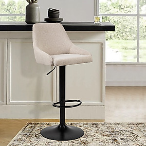 GIA Home Furniture Series Bar Height Adjustable and Swivel Metal Stool with Beige Linen Upholstered Seat, Black, Set of 2