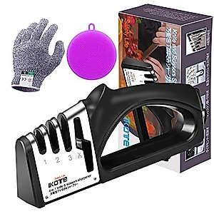 IKOTE Kitchen Knife Sharpener, 4-in-1 Knife and Scissors Sharpener with Diamond, Ceramic, Tungsten, Kitchen Tools for Kinds of Knives- Cut-Resistant Glove and Silicone Scrubber Included