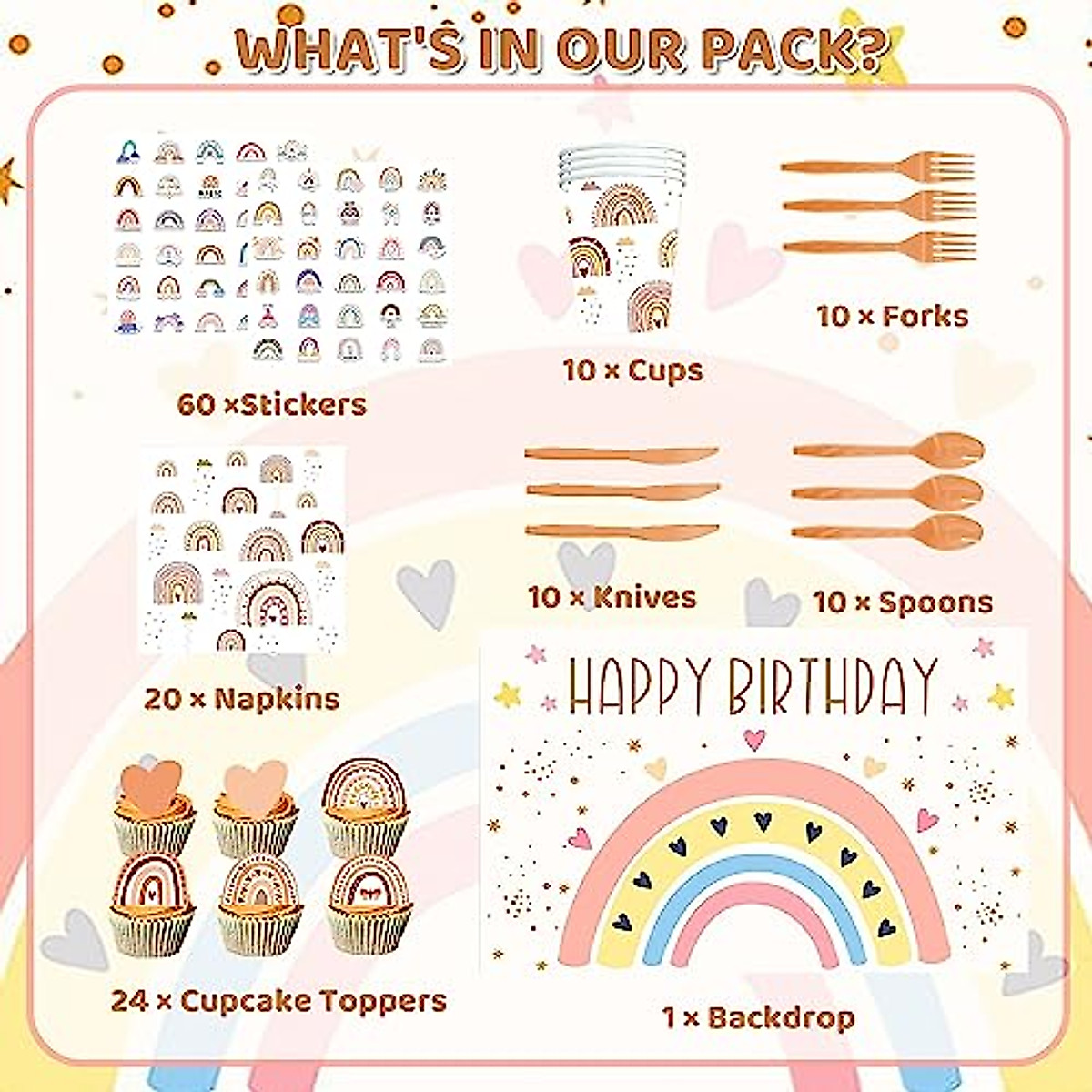 263Pcs Boho Rainbow Birthday Decorations, Boho Rainbow Birthday Party Supplies, Bohemian Birthday Party Decorations, Include Banner, Cake & Cupcake Topper, Backdrop, Tablewares, Balloon and Stickers