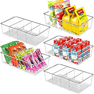 ZIZOTI 5 Pack Food Storage Organizer Bins Clear Plastic Removable Snack Organizer Pantry Organization Storage Racks with 3 Dividers, Kitchen, Cabinets Snacks, Packets, Spices, Pouches Stackable Bins