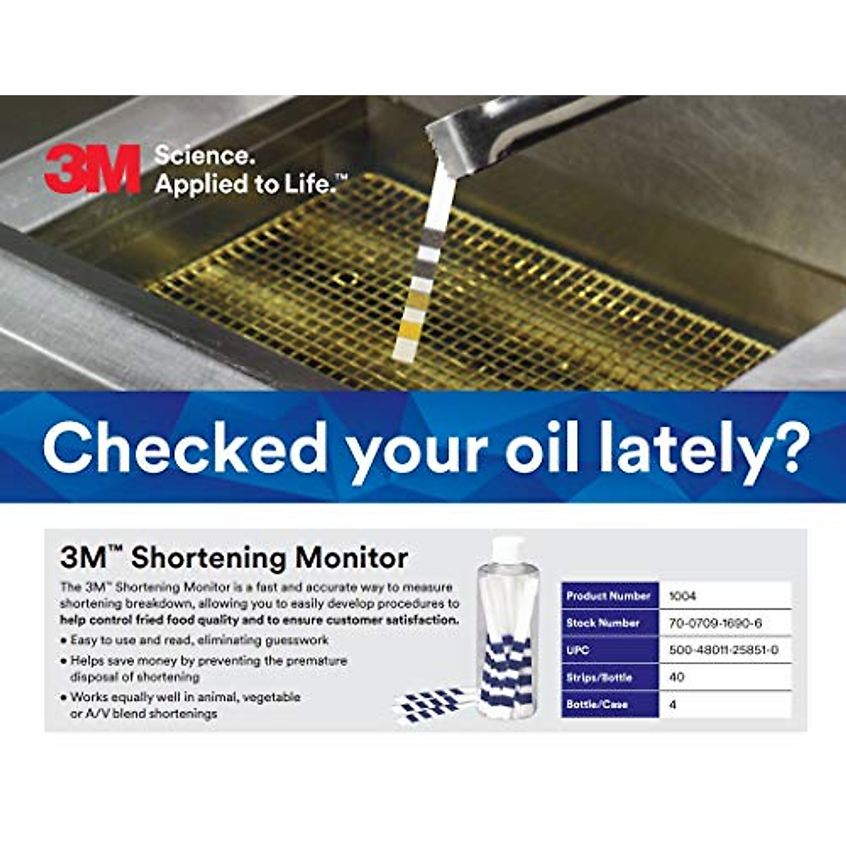 3M Low Range Frying Oil Quality Test Strips Kit, 1005, Monitor Shortening Quality with Oil Test Paper, Accurately Measures FFA Concentration up to 2.5 Percent, 1 Bottle of 40 Oil Test Strips