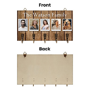 Ussunarts Personalized Key Holder Custom 5 Family Photos and Name Key Hanger for Wall, Housewarming Gift, Wall Key Rack, Rustic Wood Plank Look