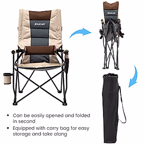 XGEAR Adjustable Oversized Camping Chair High Back Camp Chair Hard Arm Chair with Cup Holder, Support to 400lbs-Beige (Beige-O)