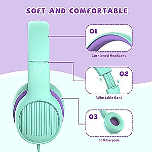 Kids Headphones, 85dB Volume Limiting - Toddler Headphones for Detachable Cat Ear, Wired Headphones with Sharing Splitter, Foldable Stereo Over-Ear Headphones for School/Travel/iPad/Kindle (green)