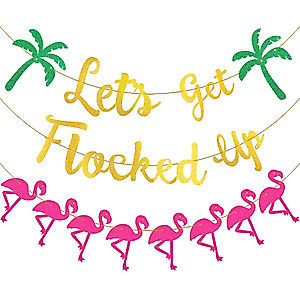 Flamingo Party Banner Decorations Gold Glitter Let's Get Flocked up Banner Hawaii Luau Beach Party Banner for Birthday Wedding Party Decoration