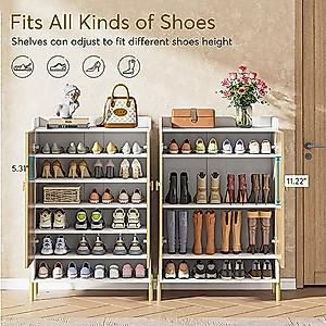 LITTLE TREE Storage Organizer Cabinet Wood Shoe Rack with Doors Adjustable Shelves, Wood & White