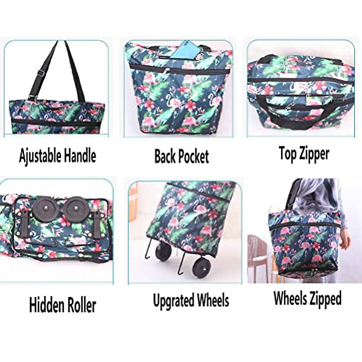 Cowinbest Upgrade Shopping Bag with Wheels Portable Trolley Bag Grocery Cart Hand Pulling Utility with Hand Straps Folding Shopping Cart- Larger Size & Waterproof & Strong（B088K4RQF7）