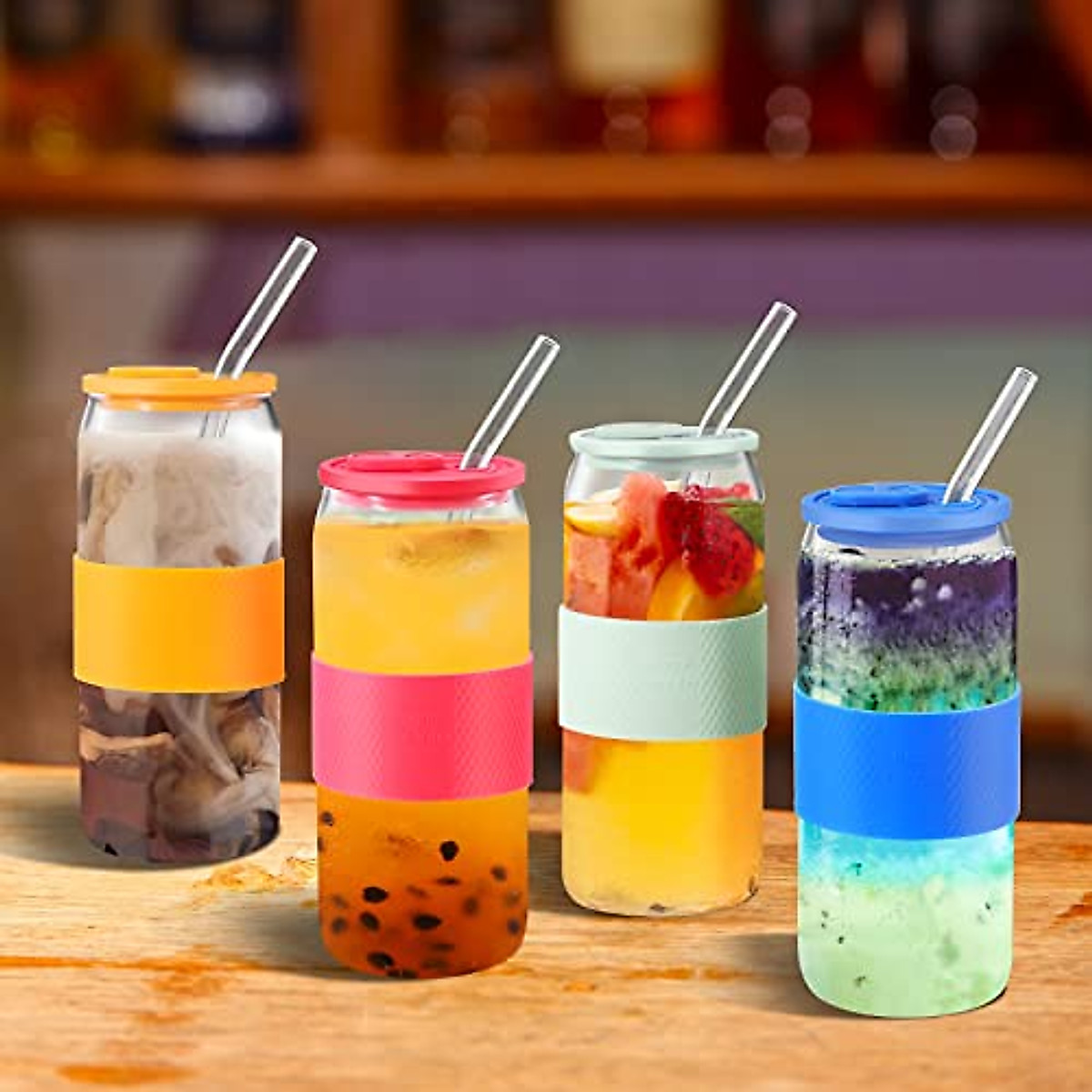 Vozoka 20oz Beer Can-Shaped Cup with Silicone Lids and Sleeve, Iced Coffee Cup Reusable, Glass Tumbler, Drinking Glass, Smoothie Cups, Tea Cup (Sky Blue)