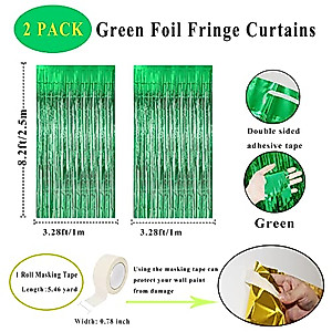 Muhome Green Foil Fringe Curtain, 2PCS 3.28FT x 8.2FT Tinsel Door Curtains & 1 Masking Tape Green Fringe Backdrop for St. Patrick's Day Wedding Kids Dinosaur Birthday Party Decorations