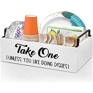 Lzhevsk Paper Plate Holders Silverware Caddy for Countertop, Kitchen Utensil Holder Organizer for Plates, Cutlery, Cups, Fork, Spoon, Wood Utensil Caddy Paper Plates Dispenser for Party Picnic BBQ