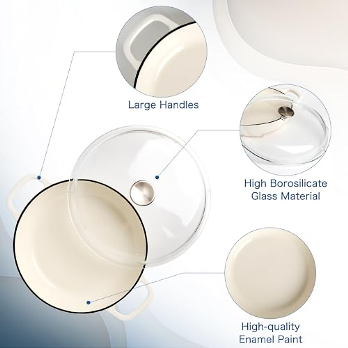 NUTRIUPS 3.6 Quart Braiser Enameled Cast Iron Dutch Oven Pot with High Borosilicate Glass Lid, Dutch Oven/Casserole Cast Iron Non Stick Larger Handle (Beige + White)