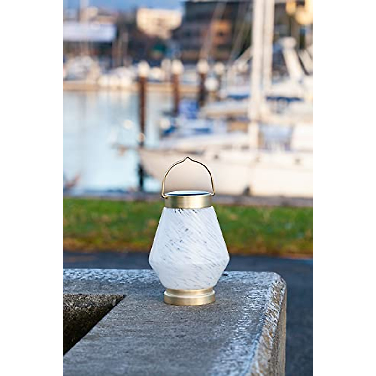 Allsop Home and Garden 30673 Solar Boaters Lantern Oval, Handblown Glass with Solar Panel and LED Light, Weather-Resistant for Outdoor Deck, Patio, Garden, Oval/White, 1-Count