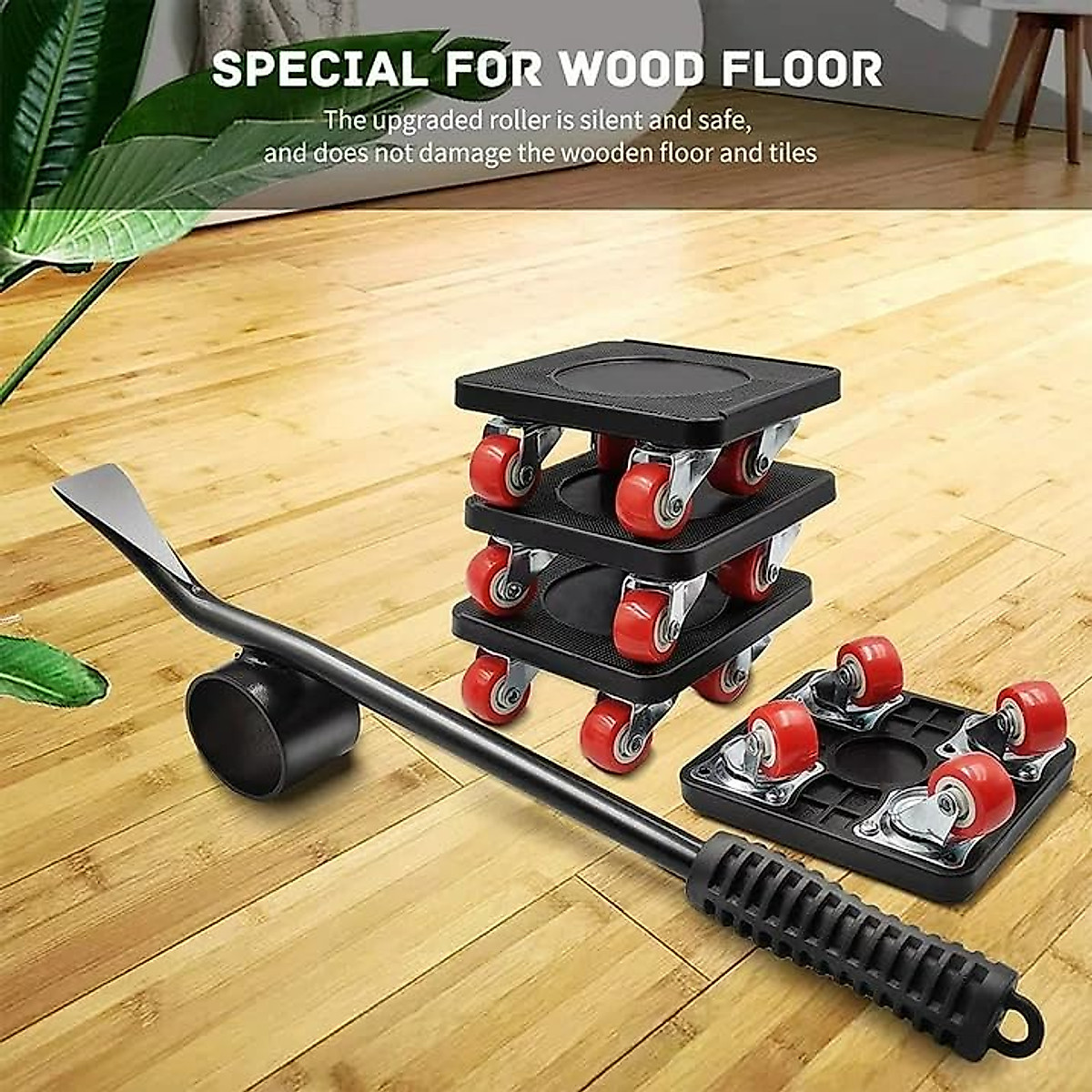 Furniture Lifter Tool for Heavy Furniture,4 Pack 360°Rotation Wheels and 1 Furniture Jack,Appliance Slider Mover Kit 880LB Heavy Duty Rollers for Sofa Refrigerators Hard Floor Couch